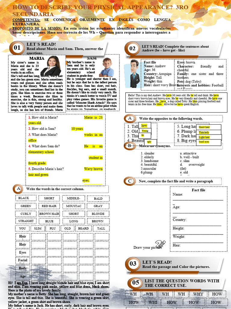 3ro Ficha Se Comunica Oralmente Inglés.-1 | PDF | Hair | Eye Color