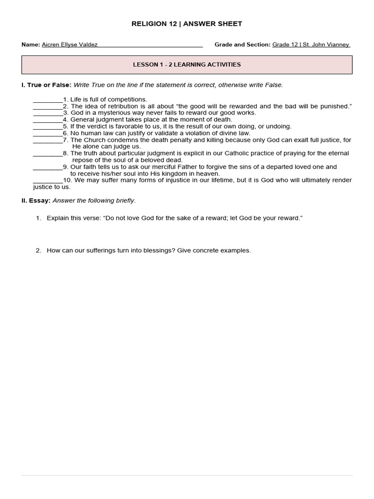 Grade 12 Religion Learning Activities | PDF | Christian Eschatology ...