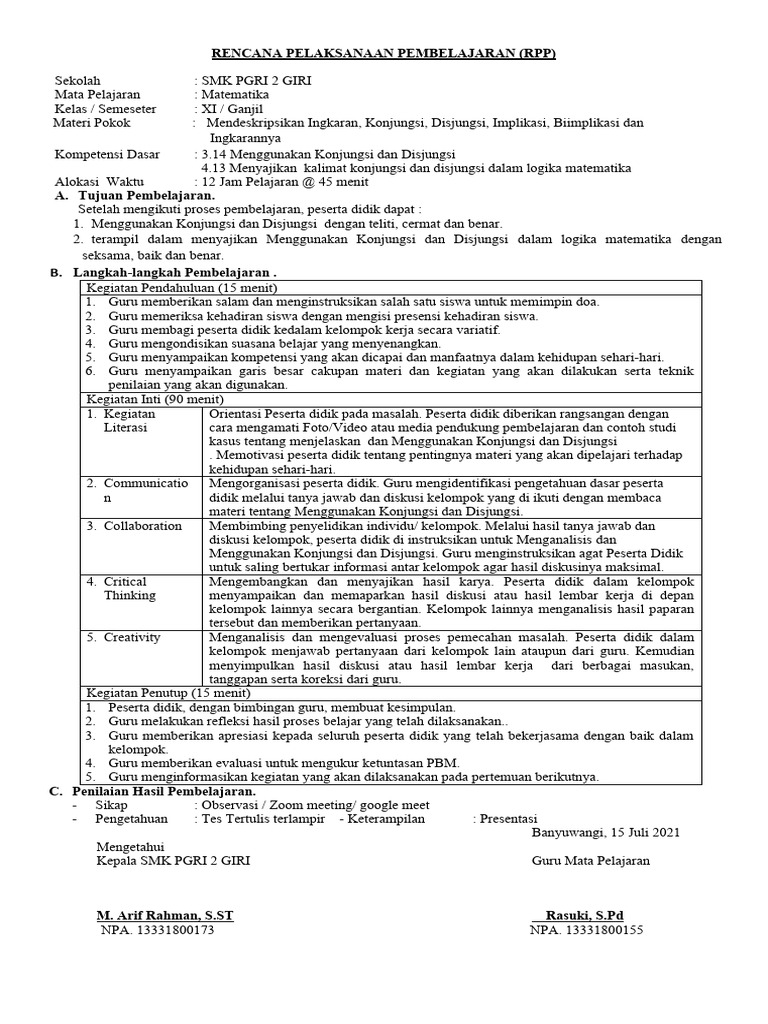 RPP Xi Ak Konjungsi Disjungsi | PDF