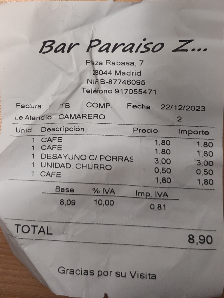 Bar Paraíso - Café Є1.80 + Porras Є3 (2023) | PDF