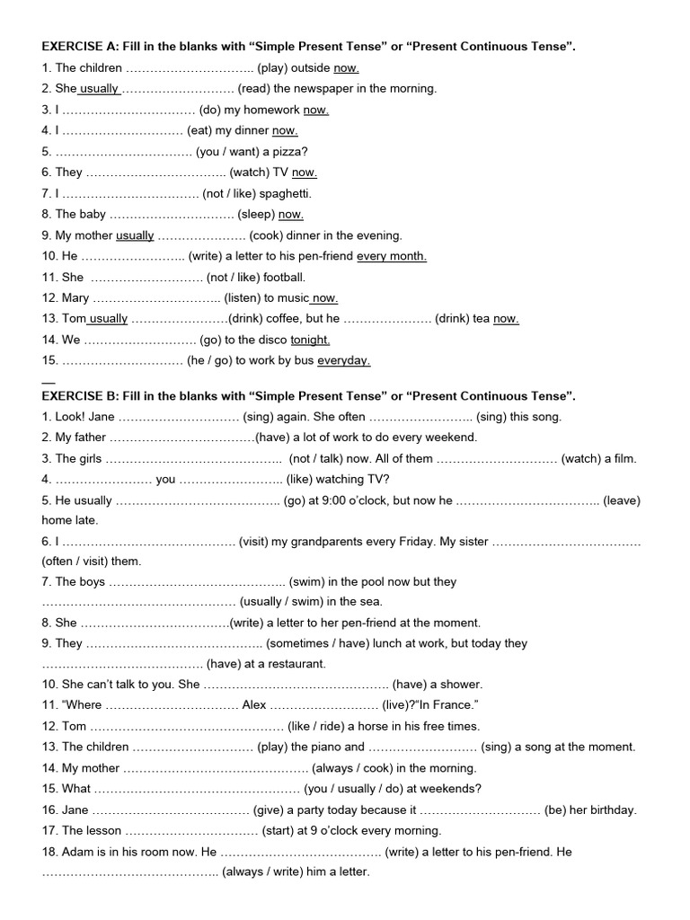 Exercise On Simple Present & Present Cont 2 | PDF | Food And Drink