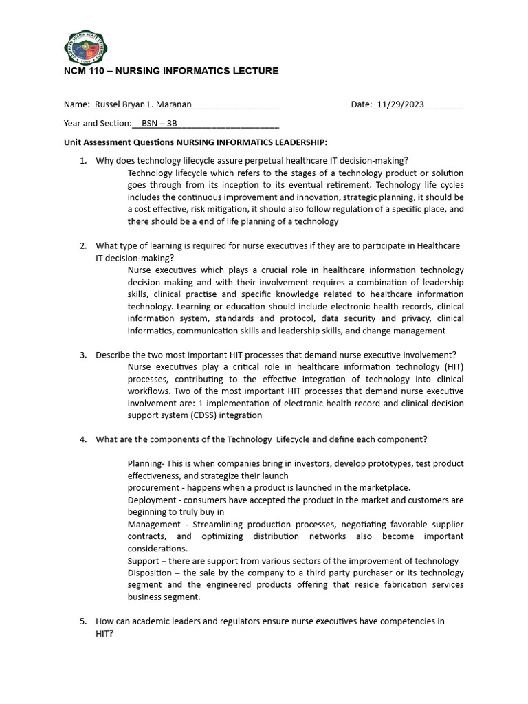 NCM110 Lab Activity | PDF | Health Informatics | Nursing