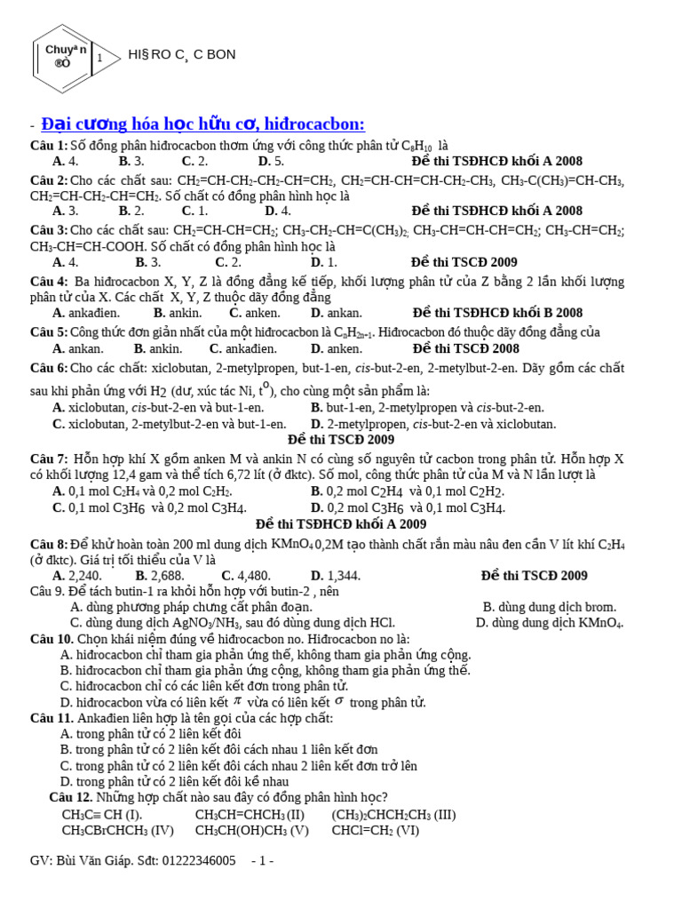 Đ i c ng hóa h c h u c, hiđrocacbon: ạ ươ ọ ữ ơ: Chuyª n ®Ò | PDF