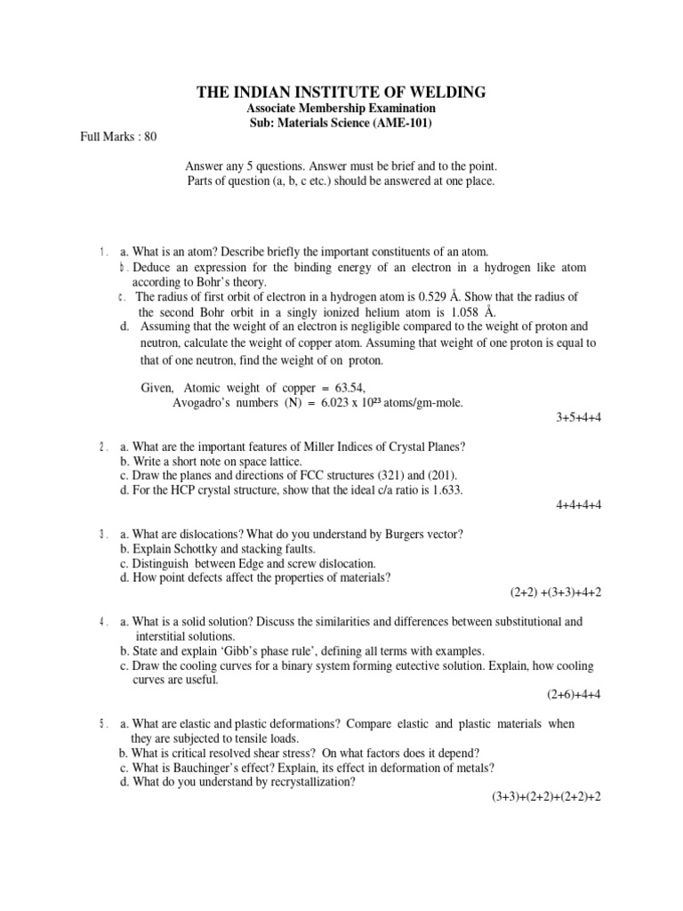 Materials Science Exam Questions | PDF | Construction | Welding