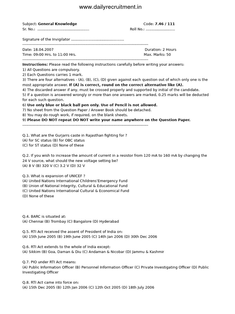General Knowledge Question Paper | PDF | Volt