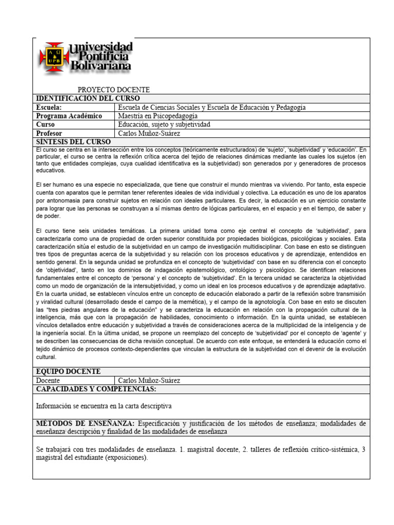 Proyecto Docente (Def) | PDF | Subjetividad | Objetividad (filosofía)