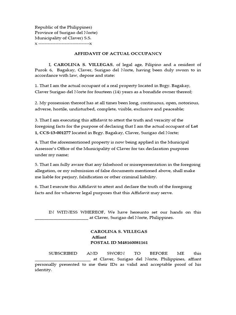 AFFIDAVIT of ACTUAL OCCUPANCY | PDF | Law