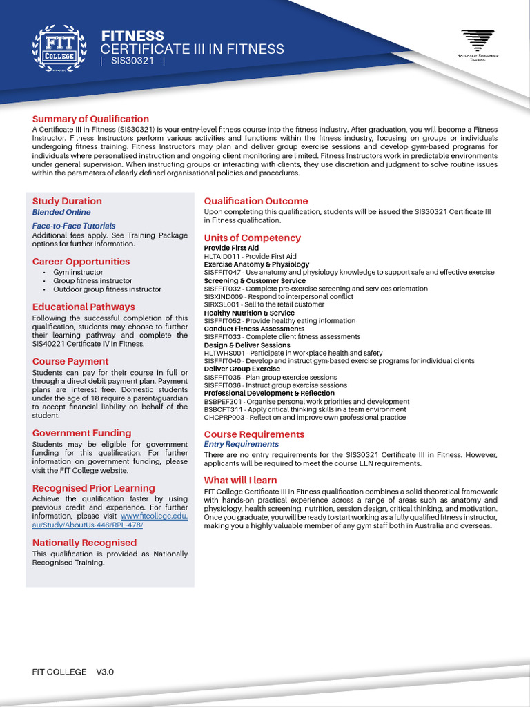 Certificate III in Fitness - SIS30321 | PDF | Personal Trainer ...