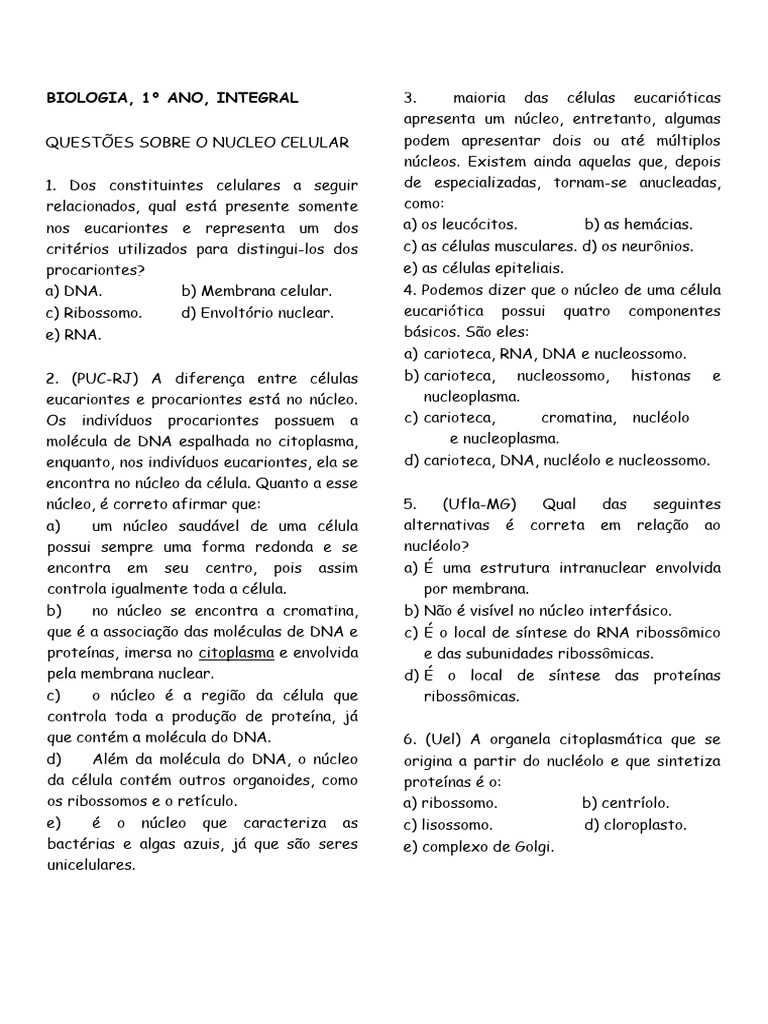 Nucleo Celular Questões Pdf Núcleo Celular Célula Biologia 2004