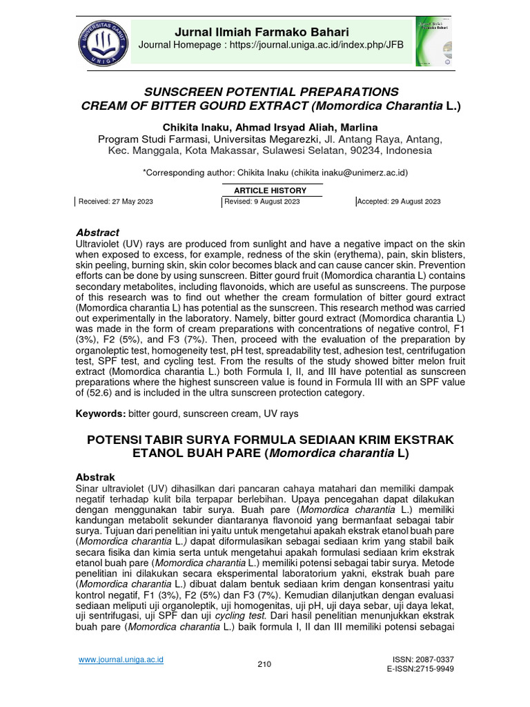 SUNSCREEN POTENTIAL PREPARATIONS CREAM OF BITTER GOURD EXTRACT (Momordica Charantia L.) | PDF ...