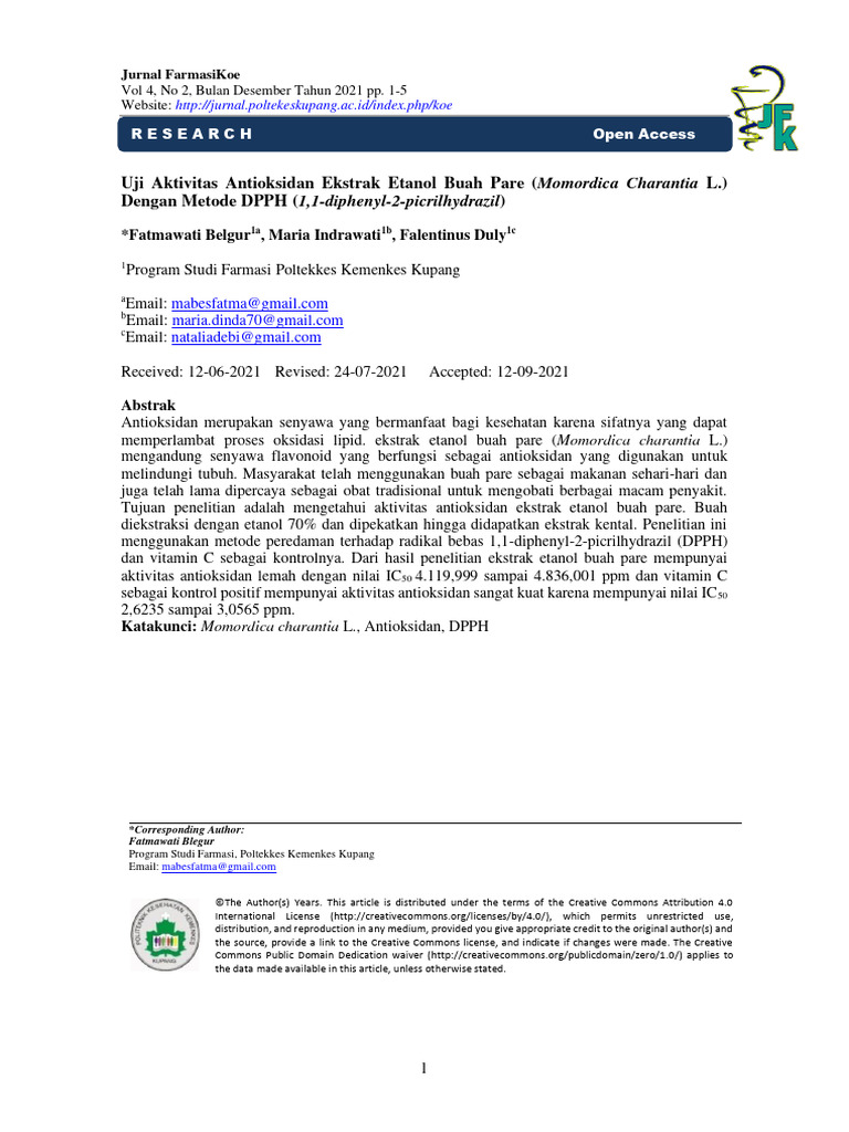 Uji Aktivitas Antioksidan Ekstrak EtanolBuah Pare (Momordica CharantiaL.) DenganMetode DPPH (1,1 ...