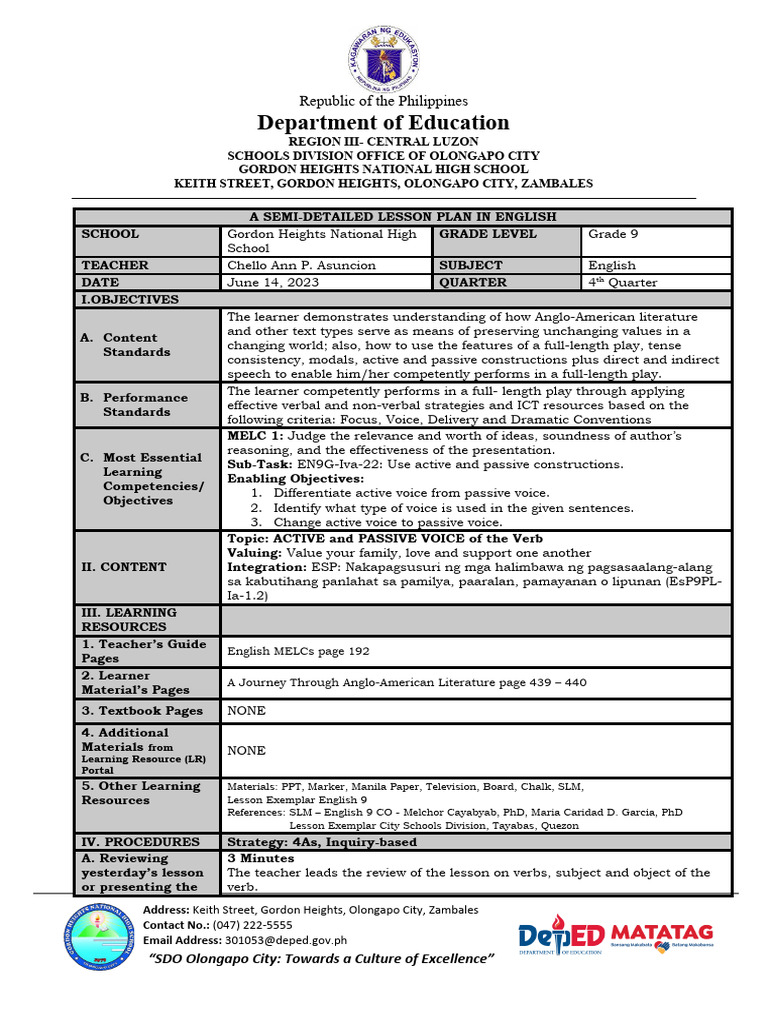 Grade 9 Active and Passive Voice Lesson | PDF | Subject (Grammar) | Verb
