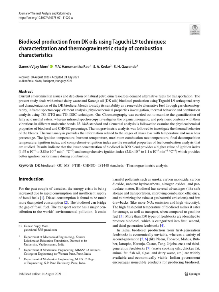Biodiesel Production From DK Oils Using Taguchi L9 Techniques | PDF