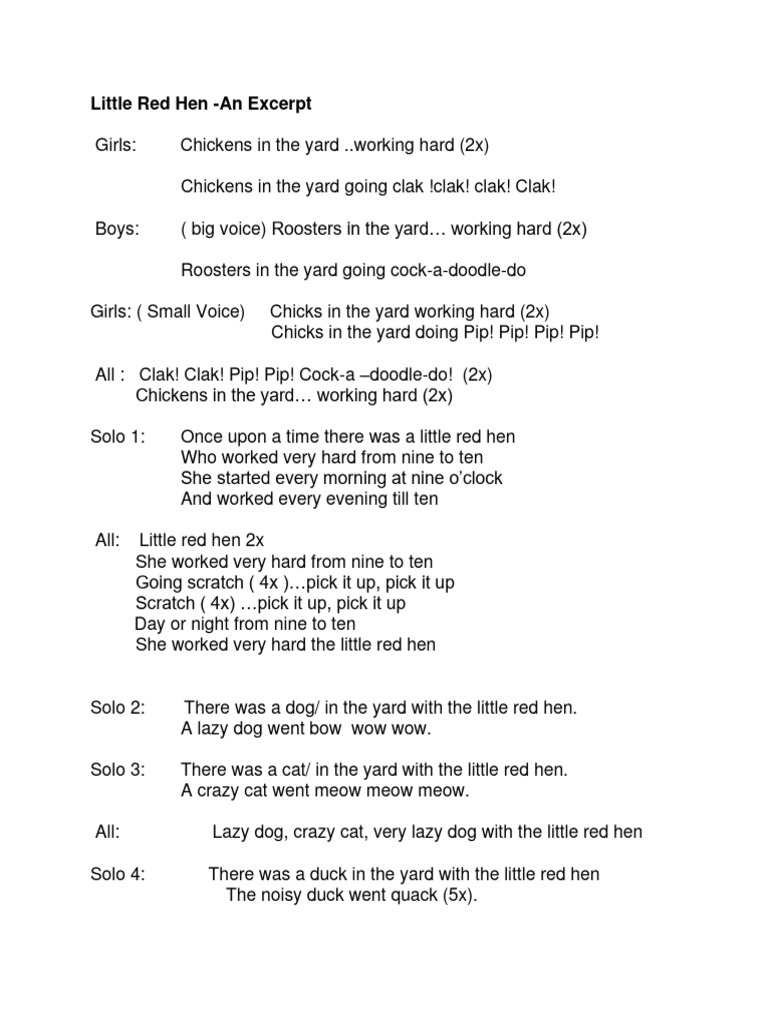 Little Red Hen Song Lyrics and Activities | PDF
