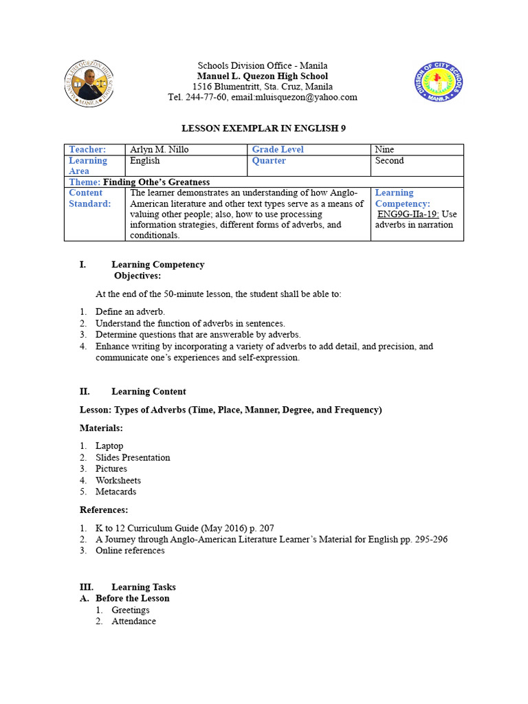 Lesson Exemplar Adverbs | PDF | Adverb | Learning