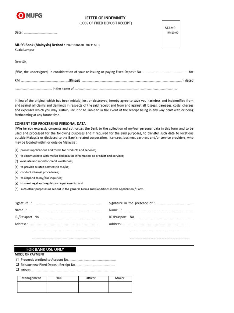 Letter Loss | PDF | Indemnity | Banking