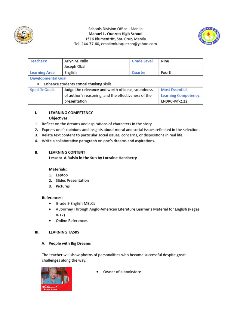 Grade 9 English Lesson Plan: Dreams | PDF | Cognition | Human Communication