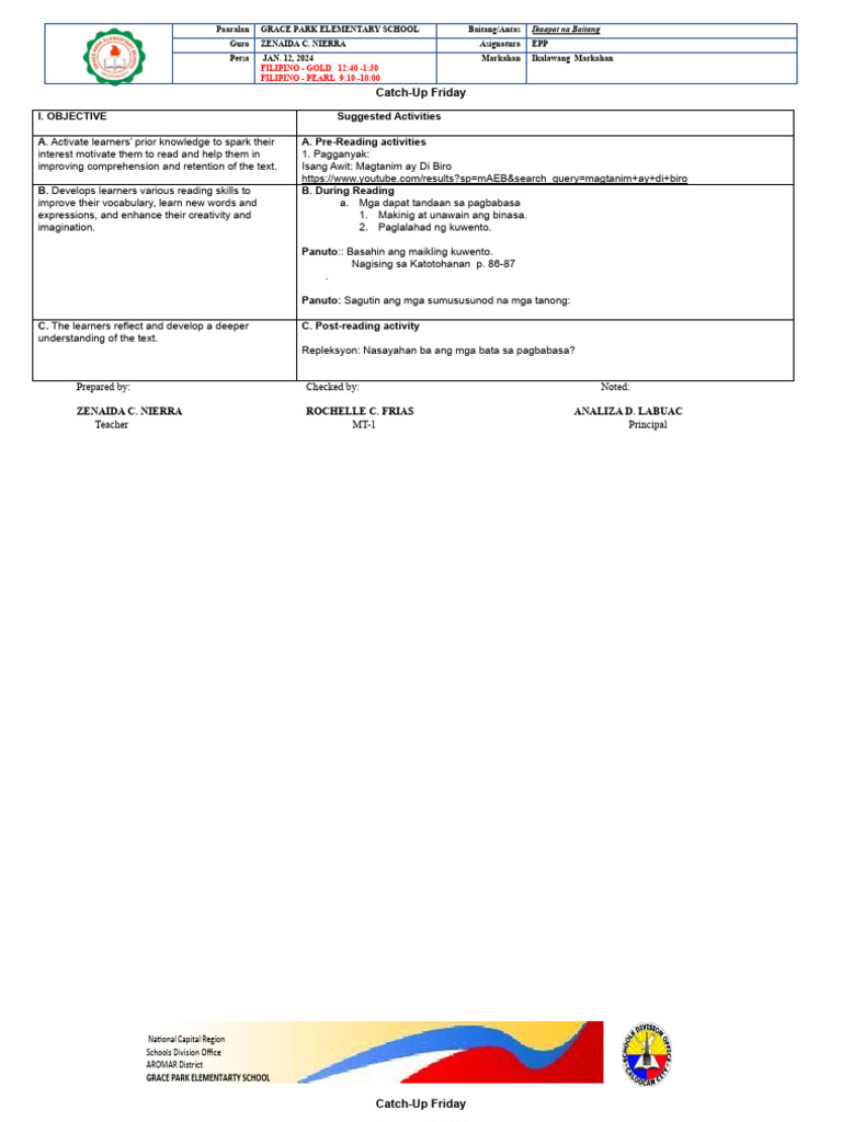 Catch Up Friday Lesson Plan in ESP | PDF