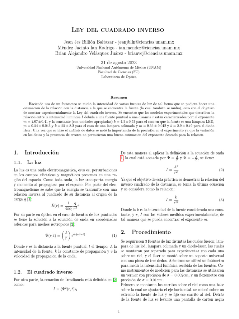 Lab Óptica Reporte 1 | PDF | Regresión lineal | Intensidad (Física)