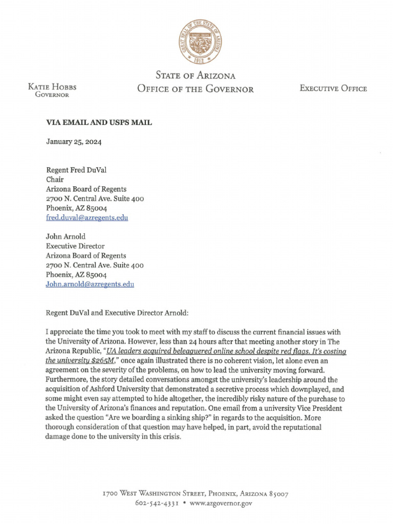 Gov. Katie Hobbs Letter To ABOR | PDF
