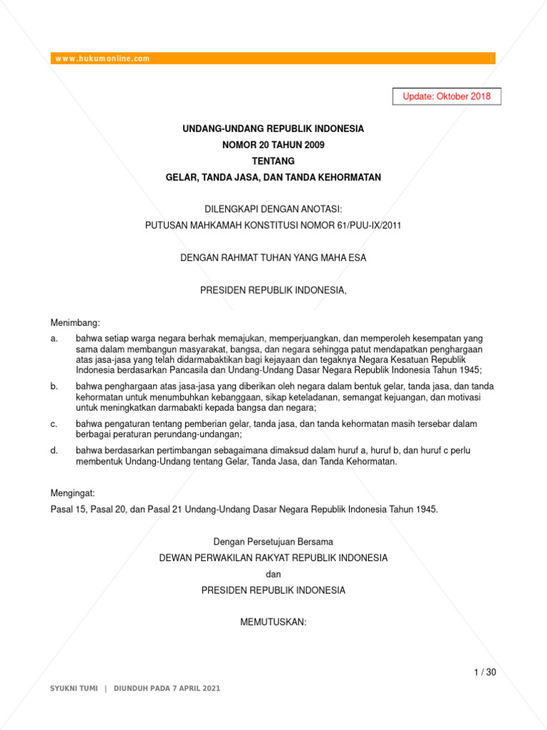 UU No. 20 Tahun 2009: Gelar dan Tanda Jasa | PDF