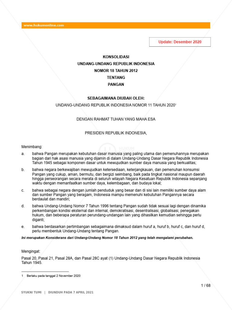 Konsolidasi Uu No 18 THN 2012 TTG Pangan | PDF