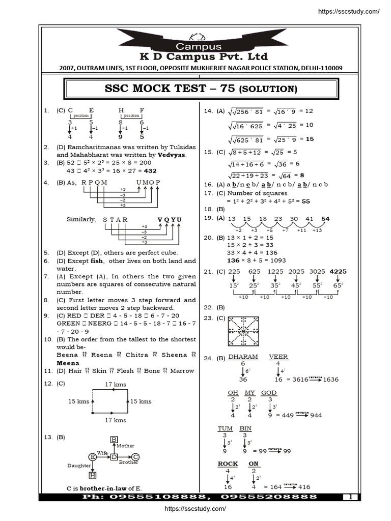 SSC CGL Model Paper - 20 Solution PDF | PDF