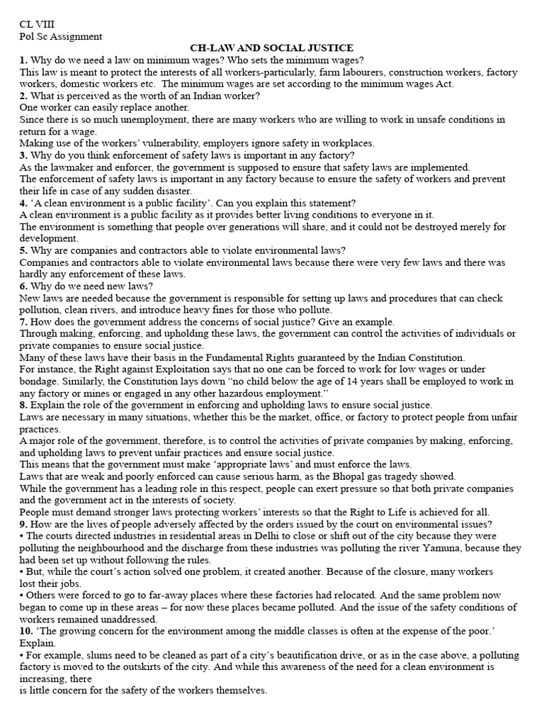 CL Viii Pol SC Assignment Ch-Law and Social Justice 2023-24 | PDF | Employment | Safety