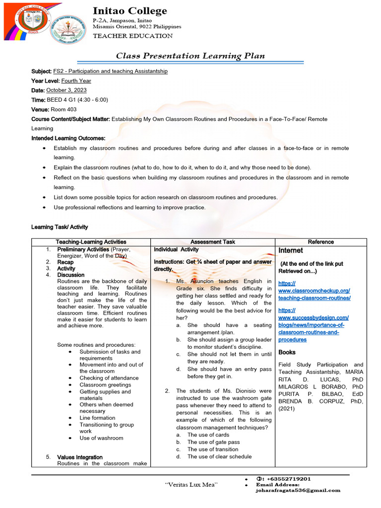 FS2 Learning Plan Baludo Jumawan Magdua | PDF | Classroom | Learning