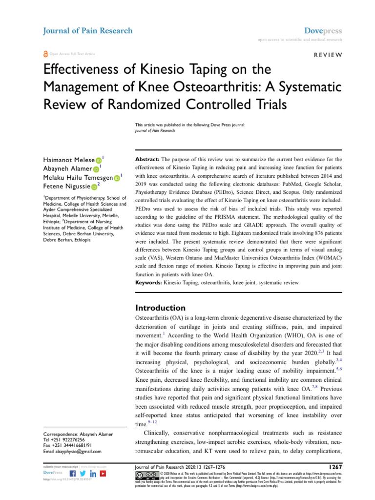 Melese 2020 - Effectiveness of Kinesiotaping OA Knee SRMA jpr-13-1267 ... Melese 2020 - Effectiveness of Kinesiotaping OA Knee SRMA jpr-13-1267 ...