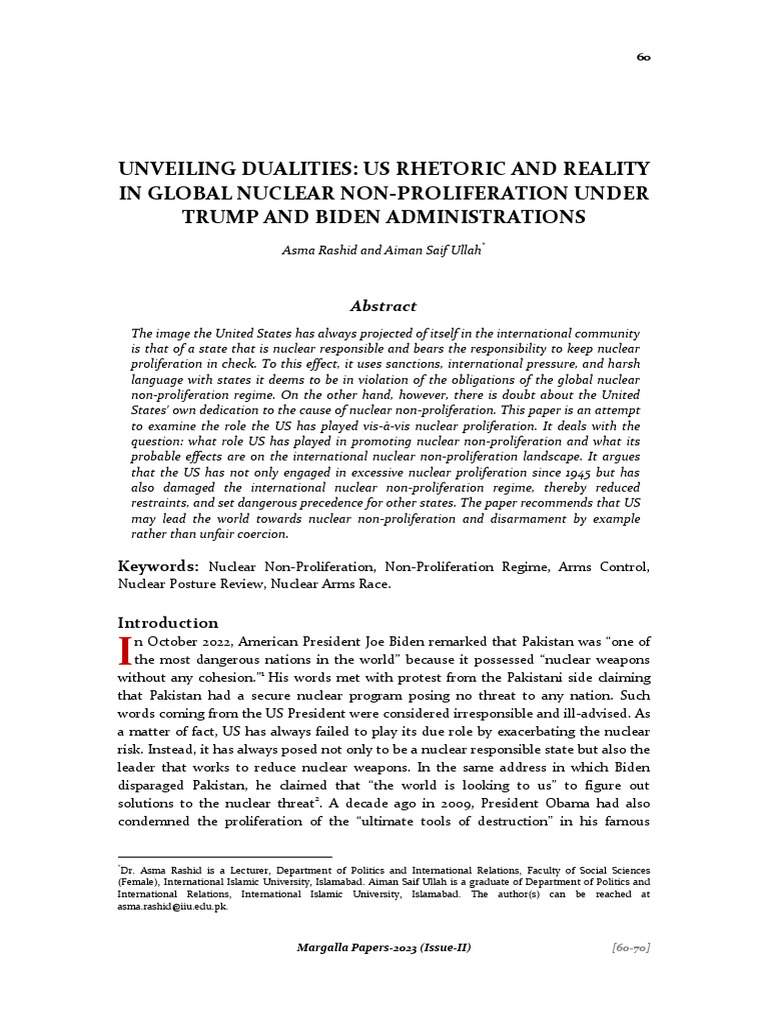 Unveiling Dualities: Us Rhetoric and Reality in Global Nuclear Non ...