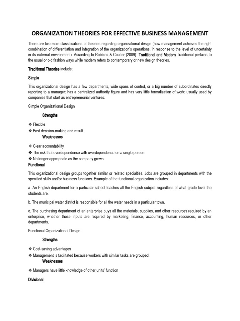 Organization Theories For Effective Business Management | PDF | Human Resources | Employment