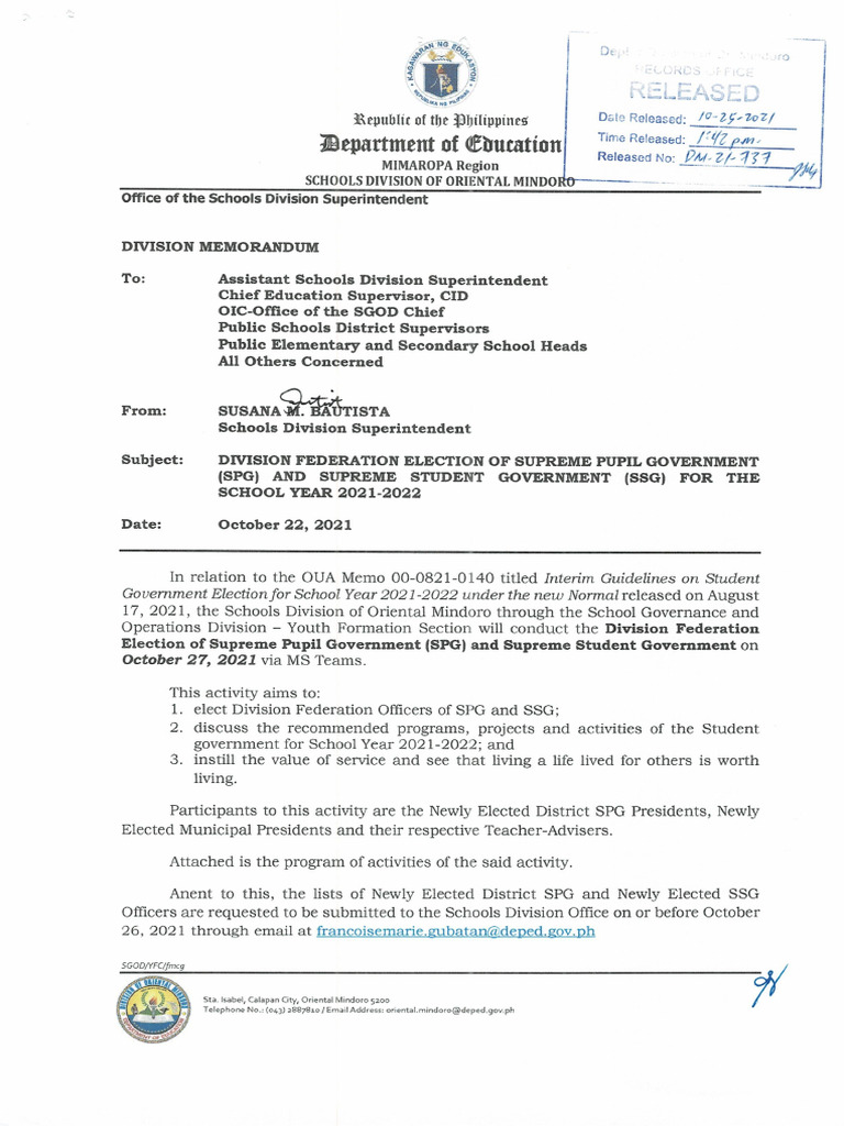 Division Federation Election of Supreme Pupil Government (SPG) and Supreme Student Government ...