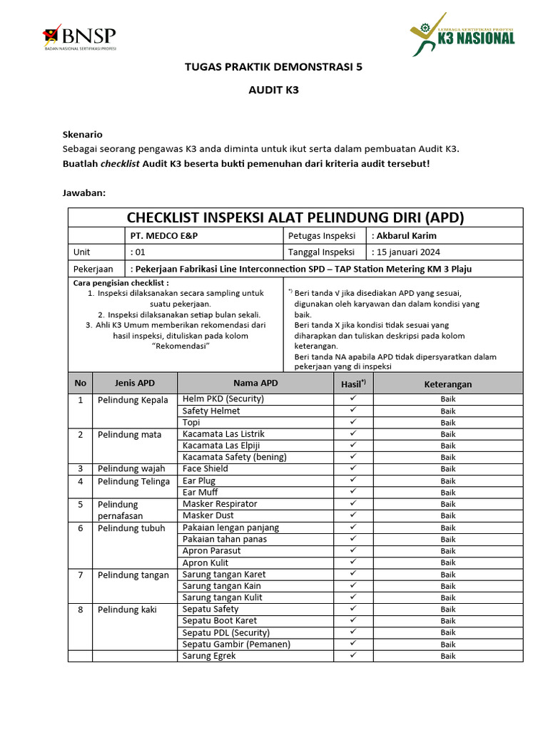 Checklist Audit K3 dan APD 2024 | PDF