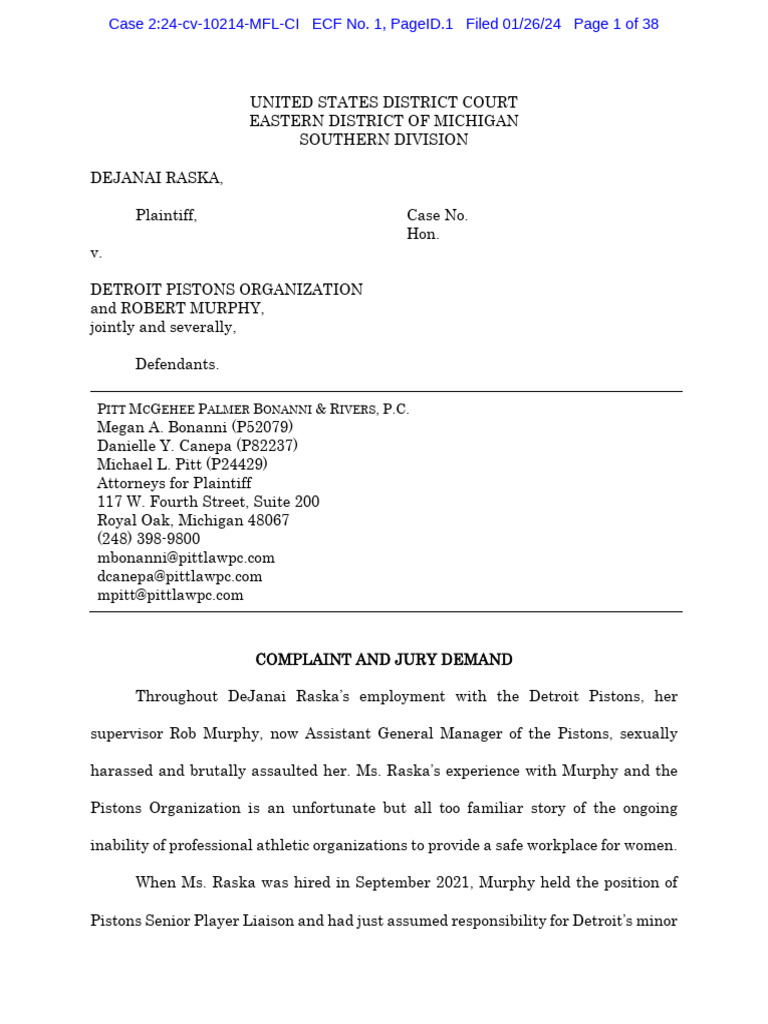 Detroit Pistons and Rob Murphy Lawsuit | PDF | Sexual Harassment ...