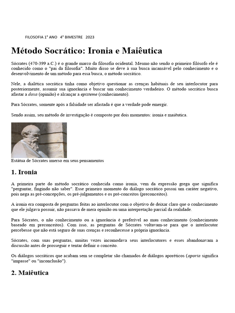 FILOSOFIA 1° ANO 4° BIMESTRE sÓCRATES E O MÉTODO SOCRÁTICO-1 | PDF ...