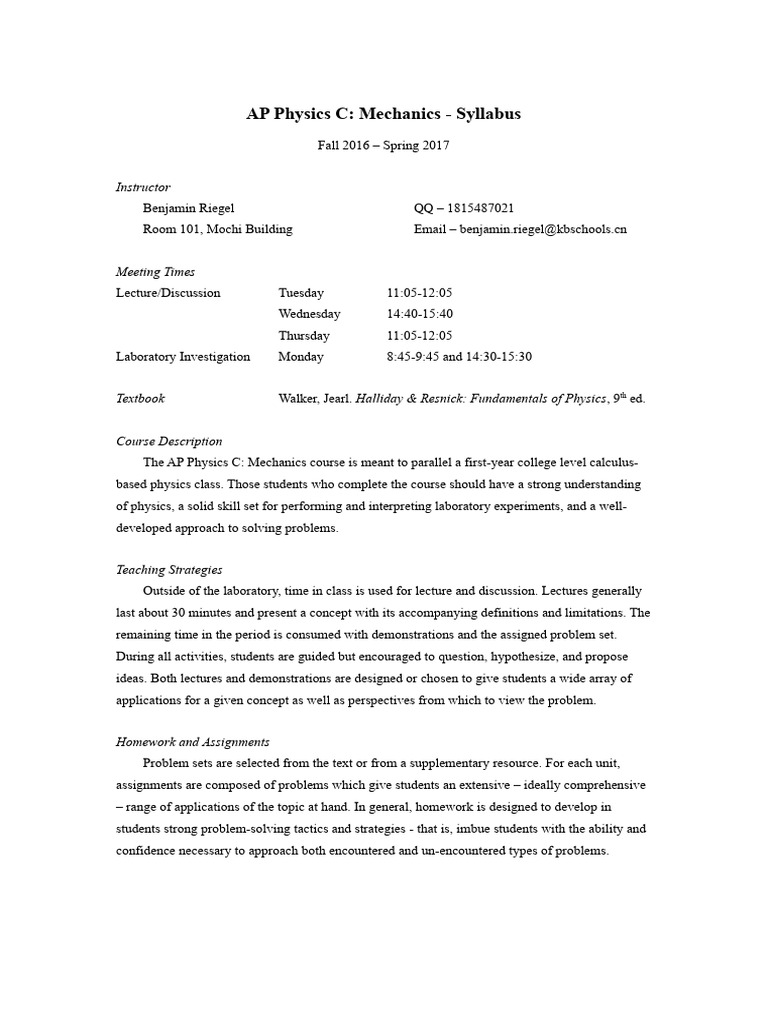 2016 AP Phys C Mech - Syllabus | PDF | Momentum | Acceleration