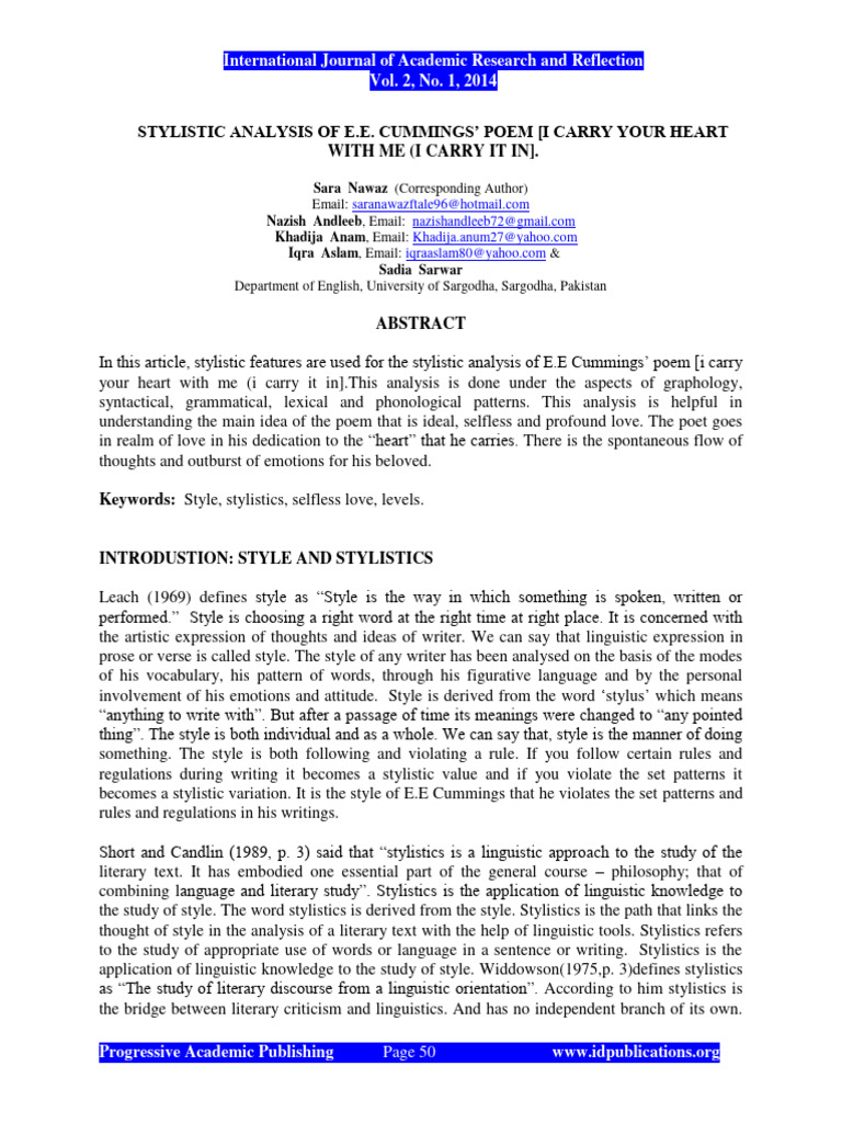 Stylistic Analysis of E.E. Cummings Poem I Carry Your Heart With Me I Carry It In. | PDF