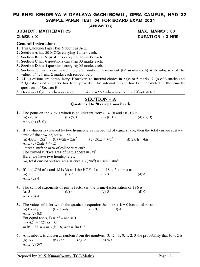 Maths Class X Sample Paper Test 04 For Board Exam 2024 Answers | PDF ...