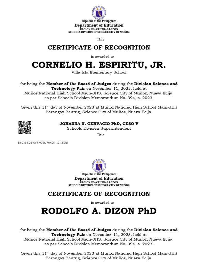 Certificate of Recognition Dfot 2023 | PDF | Philippines