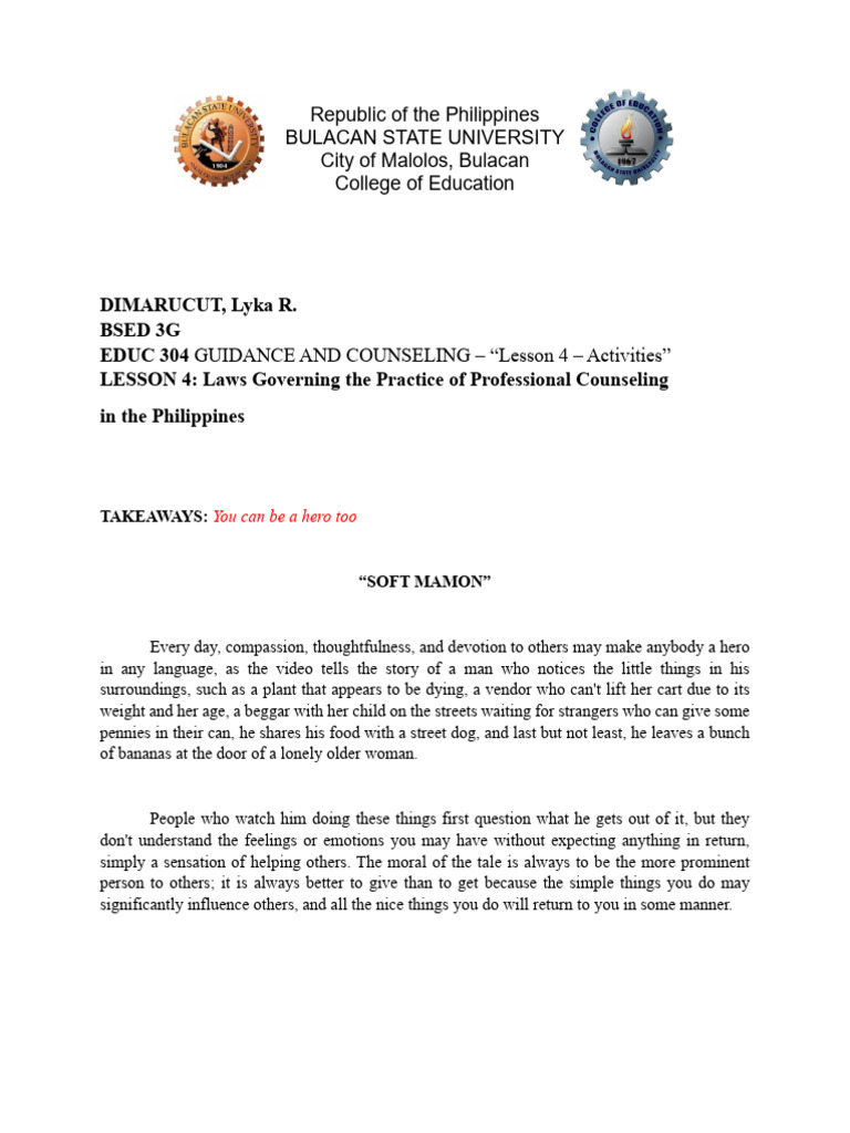 DIMARUCUT, Lyka - EDUC 304 - Lesson 4 Activities | PDF | School Counselor | Schools