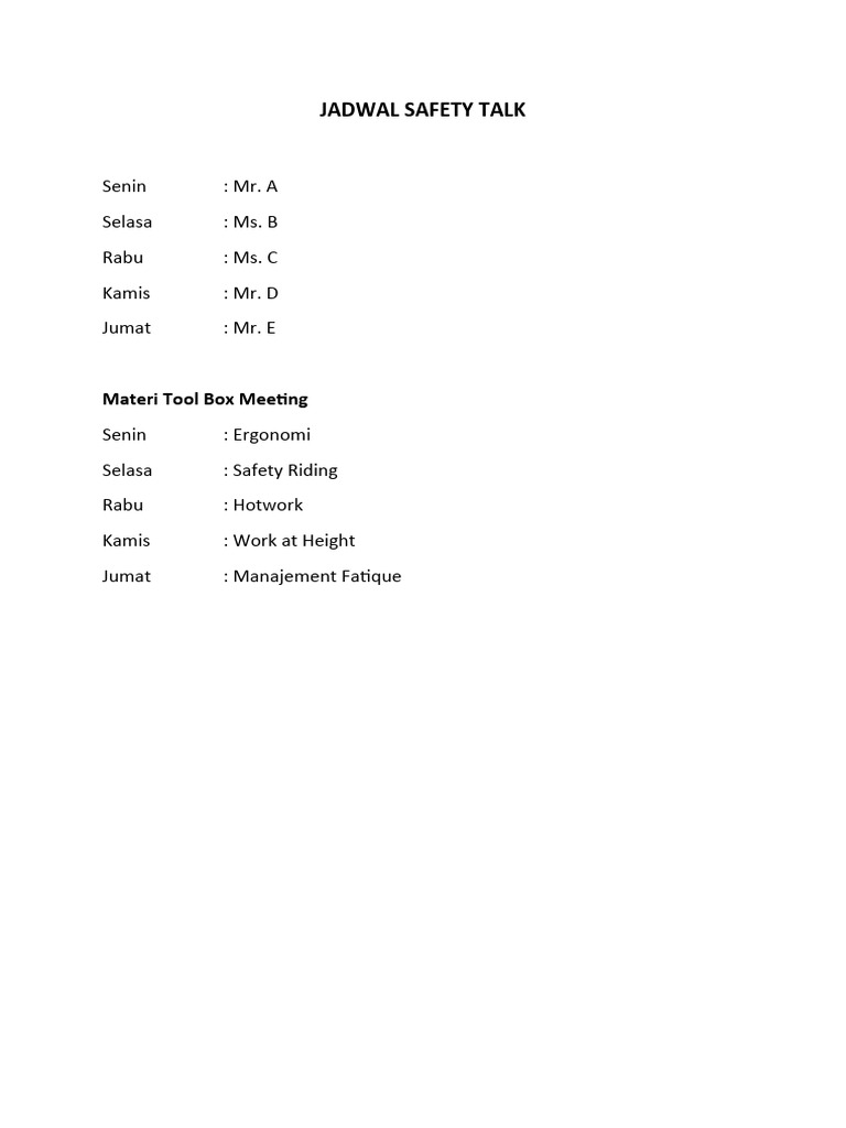 Jadwal TBM Safety | PDF | Teknologi & Rekayasa