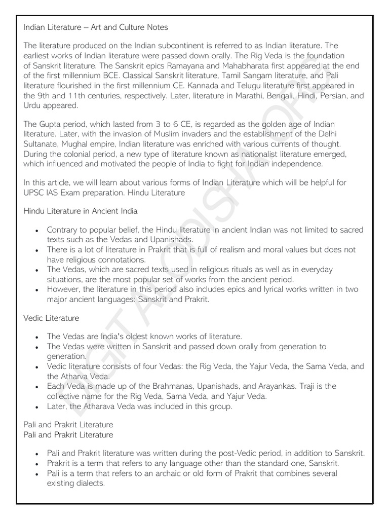 Indian Literature - Art and Culture Notes | PDF