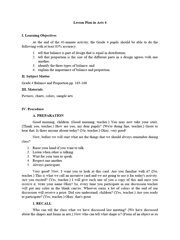Grade 4 Lesson on Balance and Proportion | PDF | Teachers | Lesson Plan