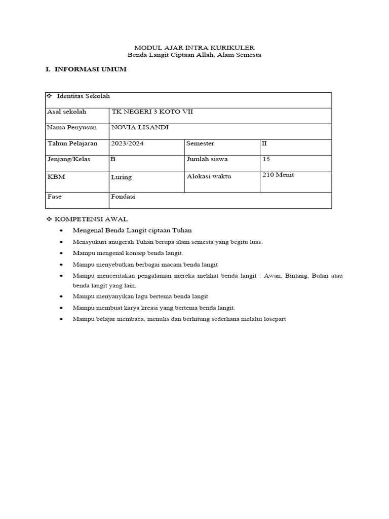 Modul Ajar Benda Langit Ciptaan Allah RPPH Senin-Sabtu | PDF | Karier ...