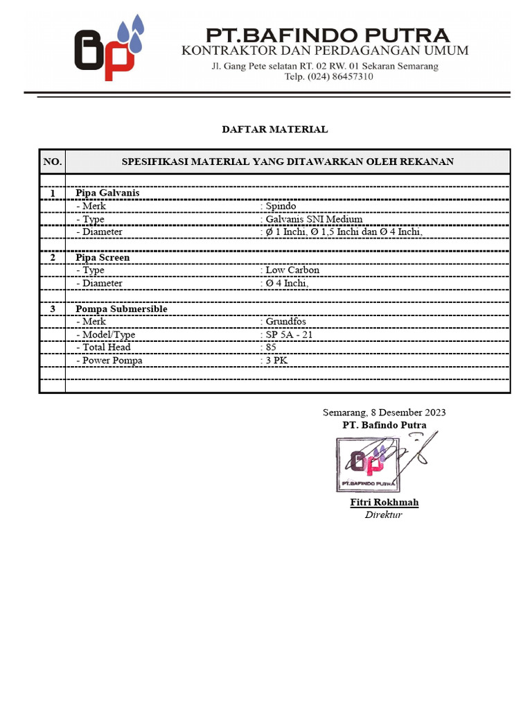 Daftar Material | PDF | Pump | Electric Motor