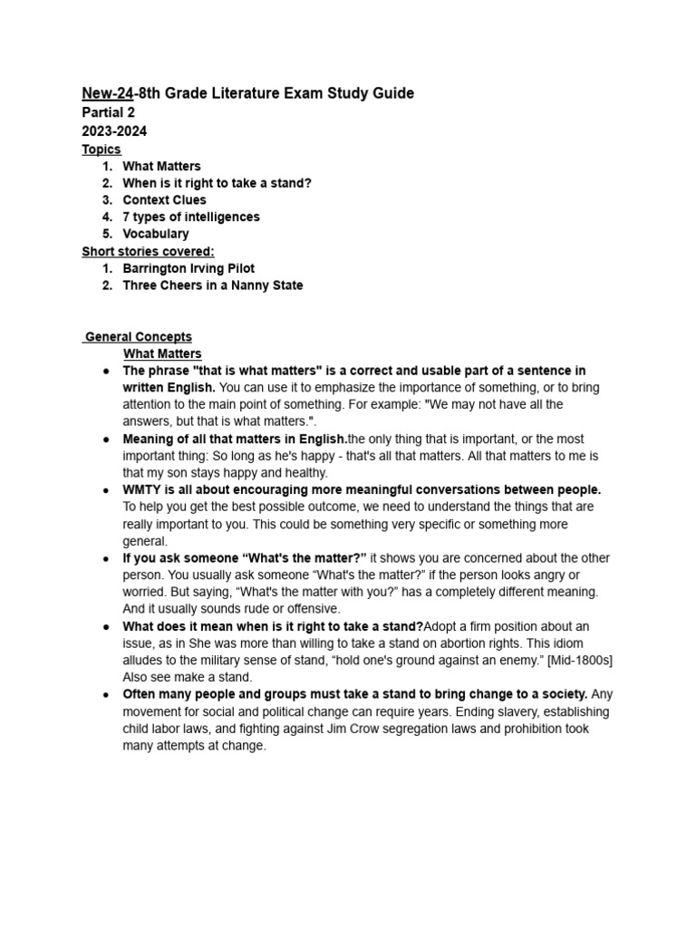New-24-8th Grade Literature Exam Study Guide: Partial 2 2023-2024 | PDF ...