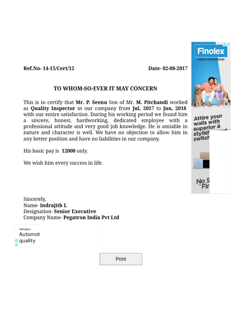 Pegatron Experience Certificate | PDF