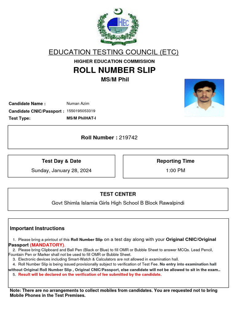Etc Roll Number Slip | PDF