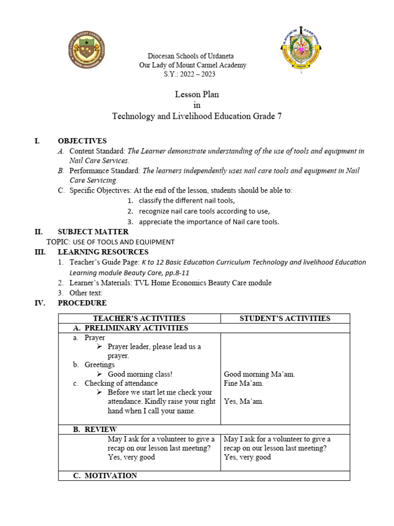 Lesson Plan L01 Unit 3 Nail Care | PDF | Nail (Anatomy) | Chair